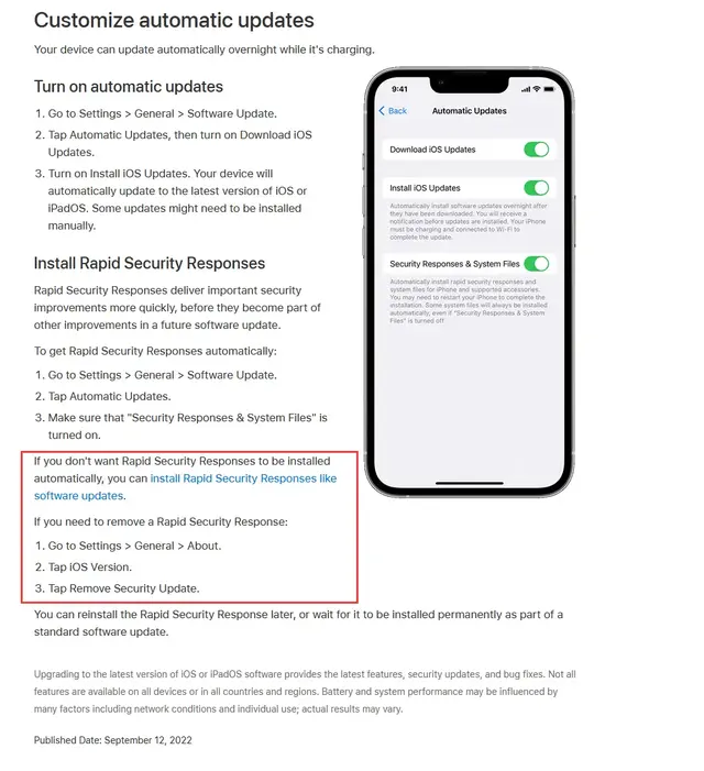 Apple introduced Rapid Security Response feature in iOS 16 systems, allowing faster deployment ...