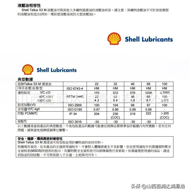 壳牌得力士无灰液压油S32/46/68/100 Tellus S3 M32/46/68/100 - 多环保